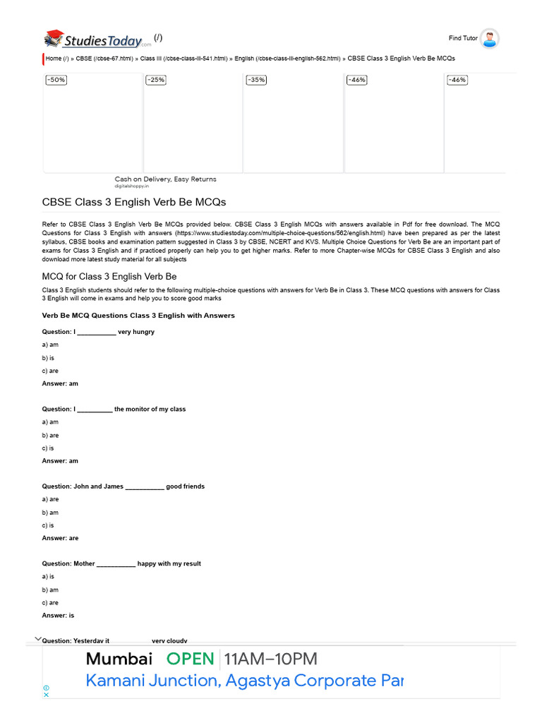 CBSE Class 3 English Verb Be MCQS, Multiple Choice Questions | PDF ...