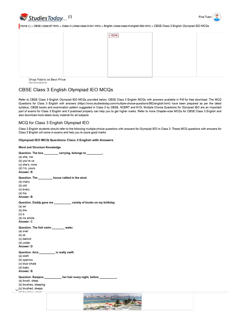 CBSE Class 3 English Olympiad IEO MCQS, Multiple Choice Questions | PDF ...