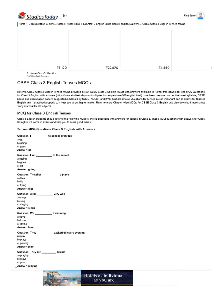 CBSE Class 3 English Tenses MCQs, Multiple Choice Questions | PDF ...