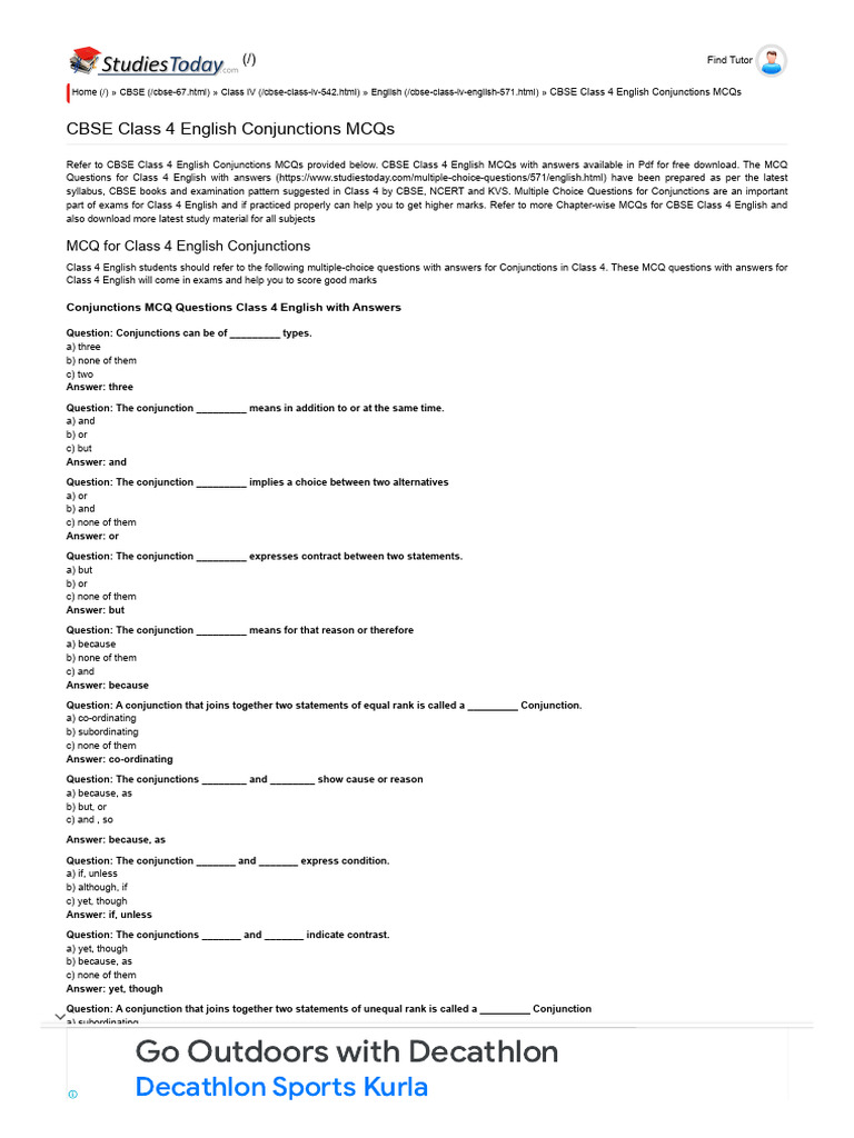 CBSE Class 4 English Conjunctions MCQS, Multiple Choice Questions | PDF ...
