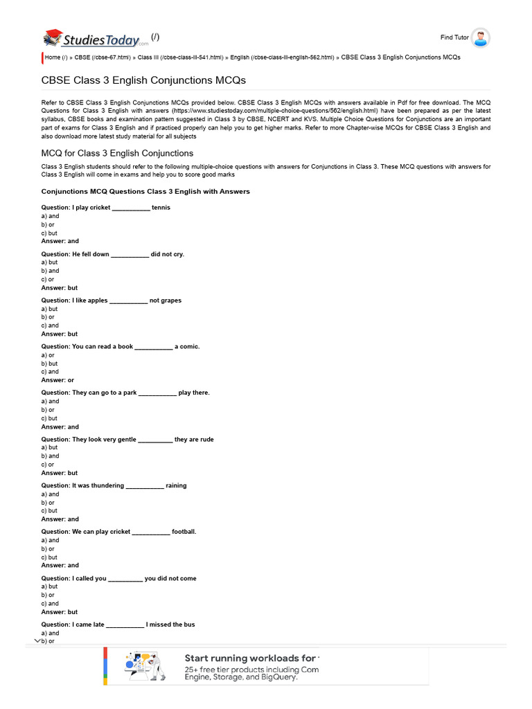 CBSE Class 3 English Conjunctions MCQS, Multiple Choice Questions | PDF ...