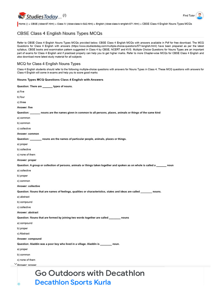 Class 4 Nouns MCQs with Answers | PDF | Multiple Choice | English Language