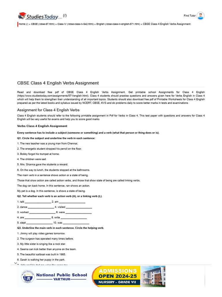 CBSE Class 4 English Verbs Assignment | PDF | Noun | Multiple Choice