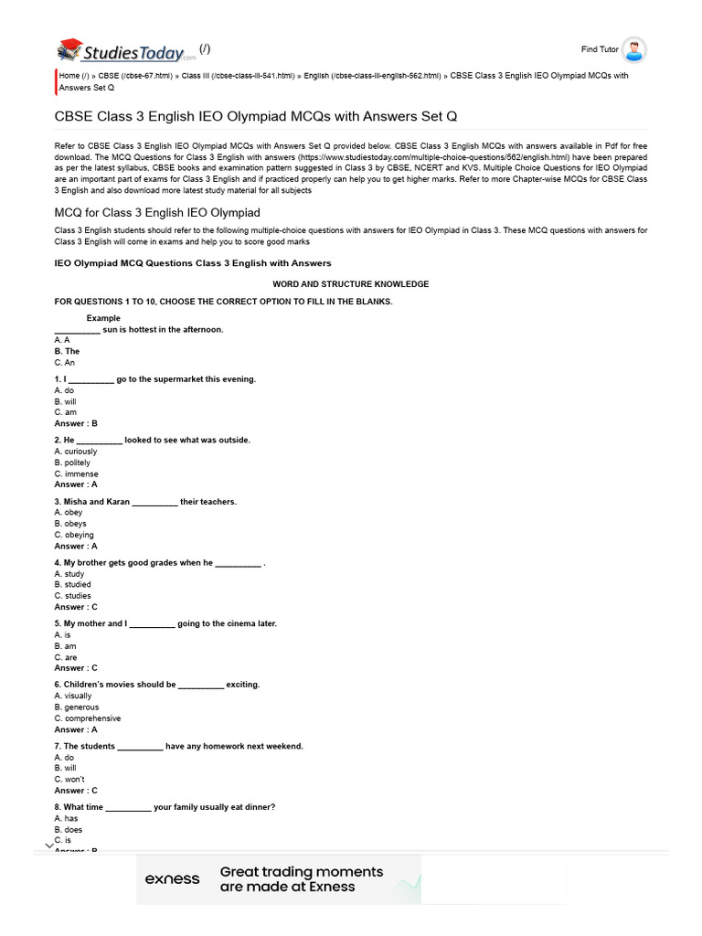 CBSE Class 3 English IEO Olympiad MCQs With Answers Set Q, Multiple Choice Questions | PDF ...