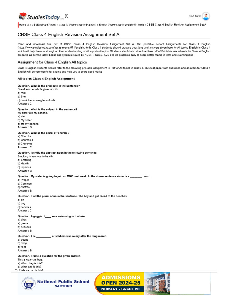 CBSE Class 4 English Revision Assignment Set A | PDF | Multiple Choice ...