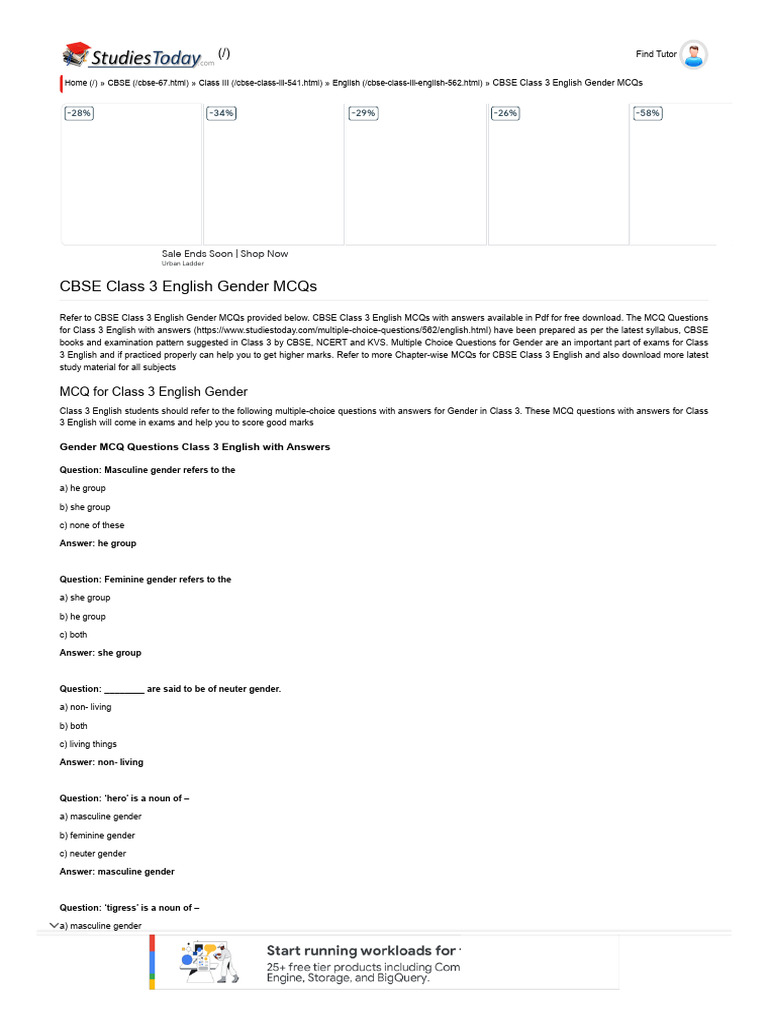 CBSE Class 3 English Gender MCQS, Multiple Choice Questions | Download ...