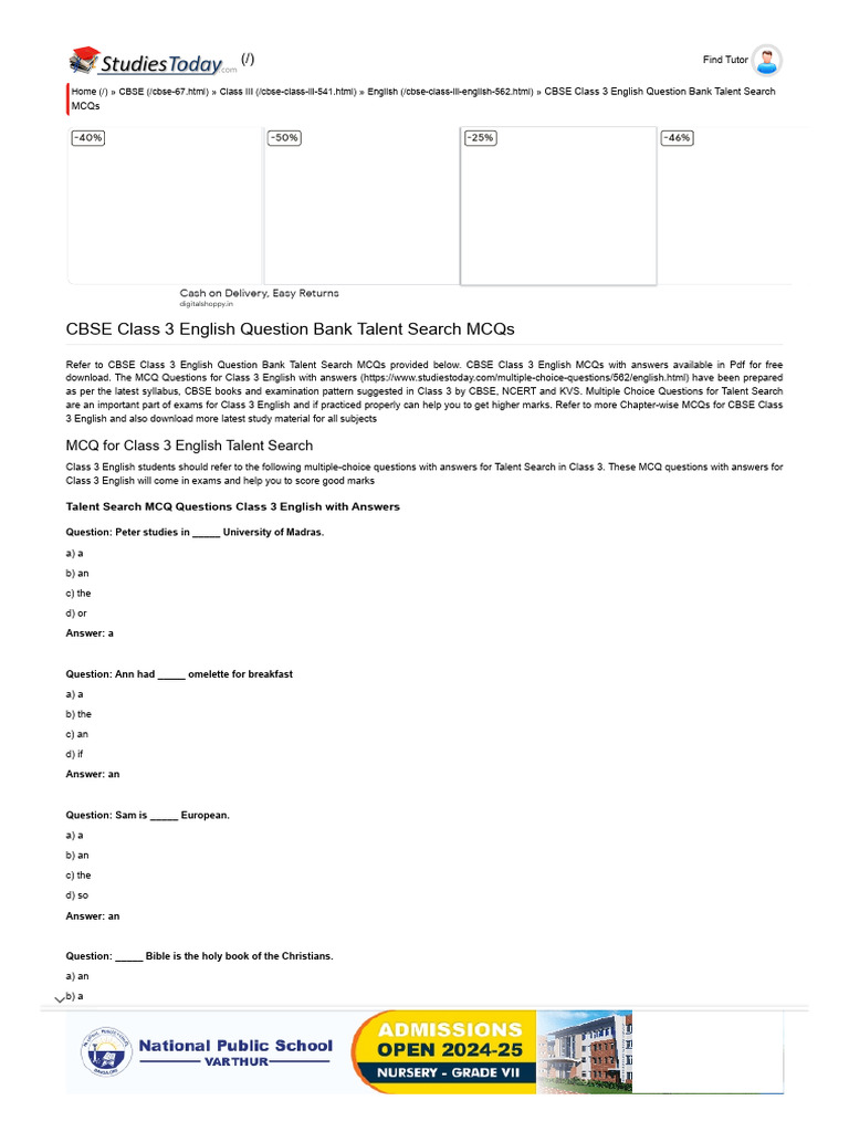 Class 3 Talent Search Exam MCQs | PDF | Multiple Choice | Adjective