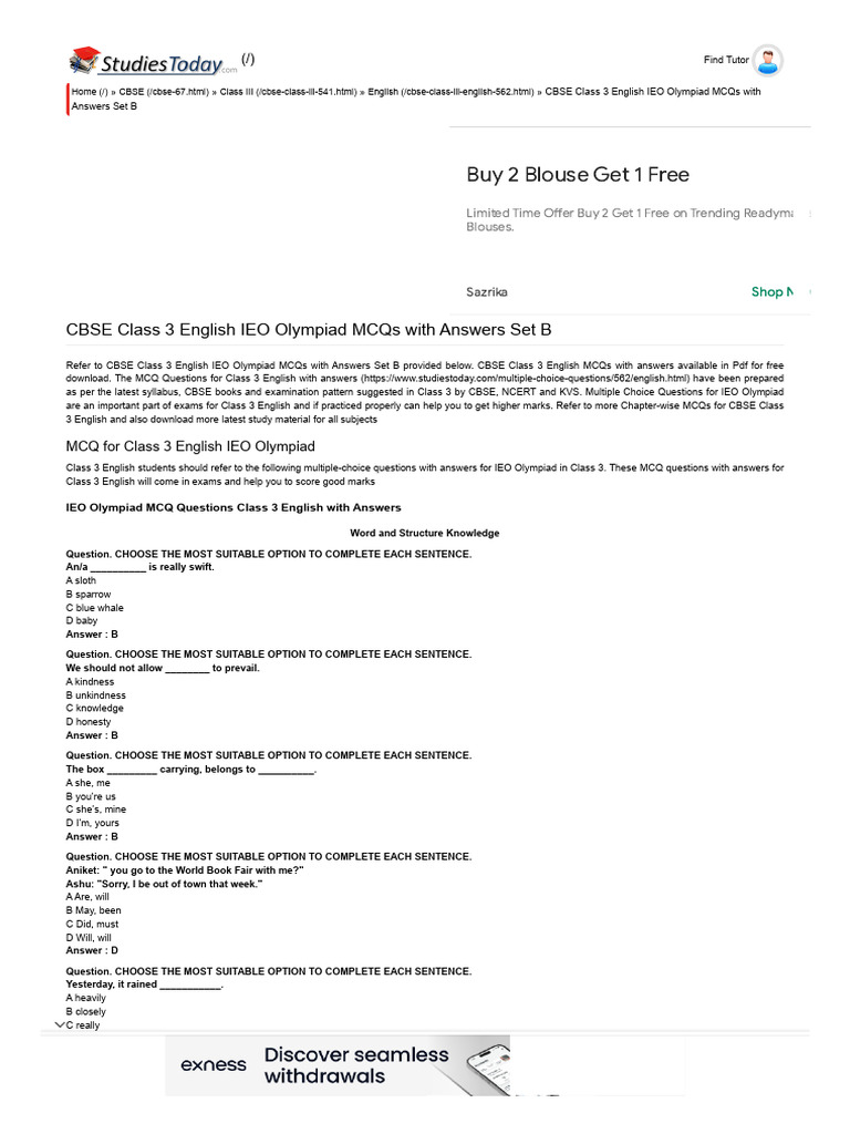 CBSE Class 3 English IEO Olympiad MCQs with Answers Set B, Multiple Choice Questions | PDF ...