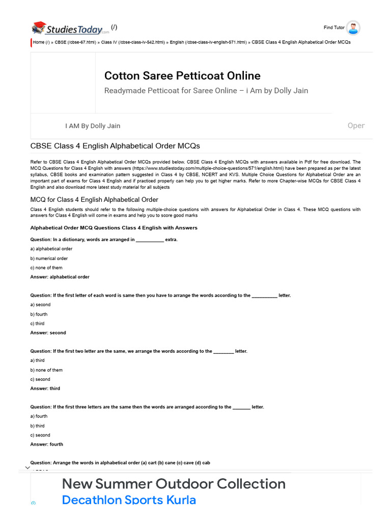 CBSE Class 4 English Alphabetical Order MCQS, Multiple Choice Questions ...