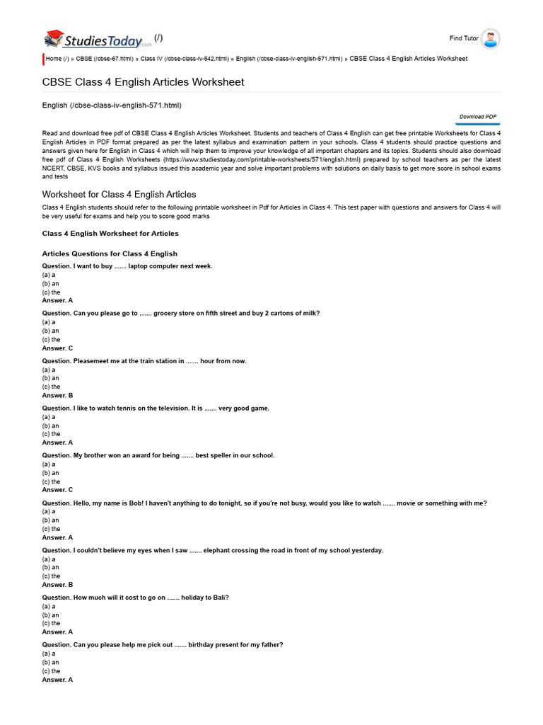 Class 4 Articles Worksheet PDF | PDF | Multiple Choice | English Language