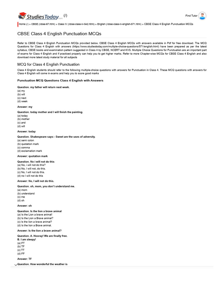 Class 4 English Punctuation MCQs | PDF | Multiple Choice | Part Of Speech