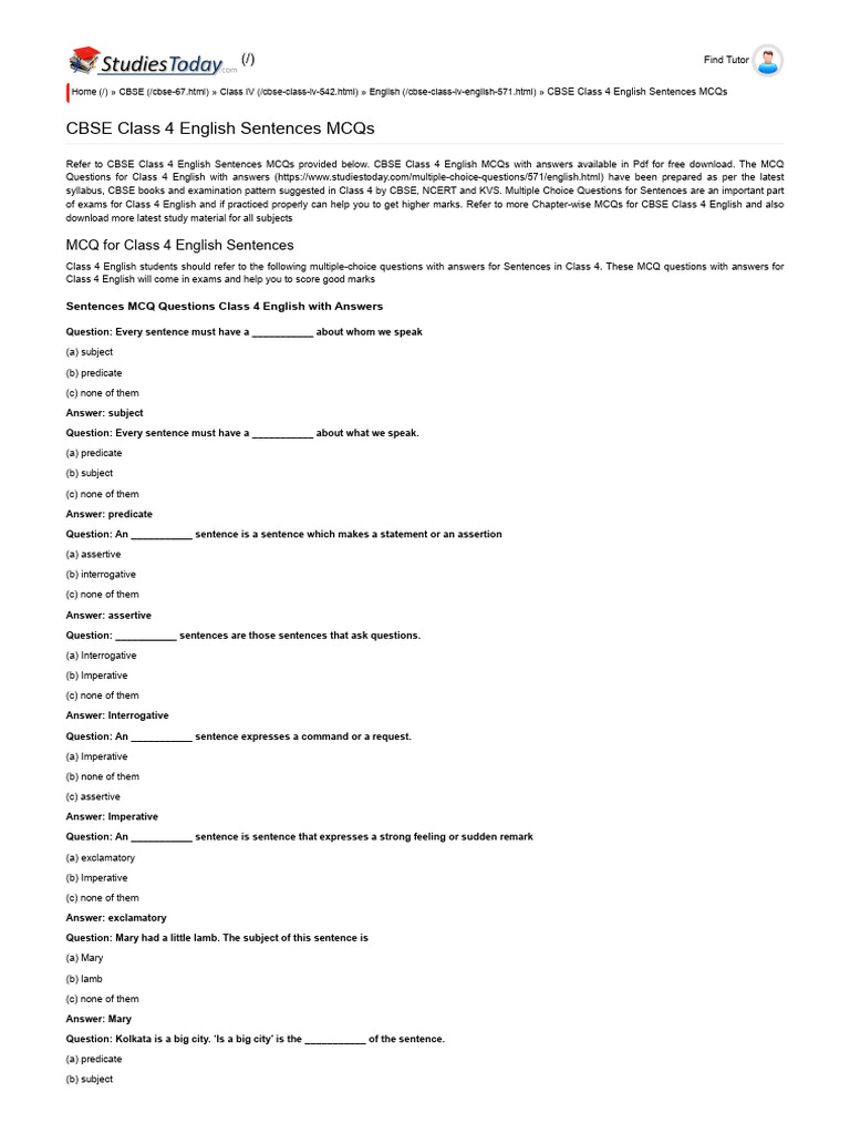 Class 4 English MCQs on Sentences | PDF | Multiple Choice | English ...