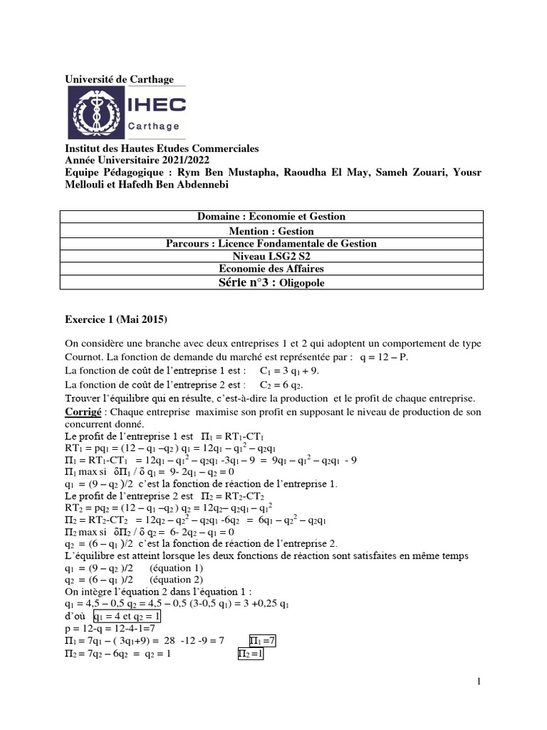 Série N°3 2021-2022 (Corrigée) | PDF | Organisation industrielle | Production et fabrication