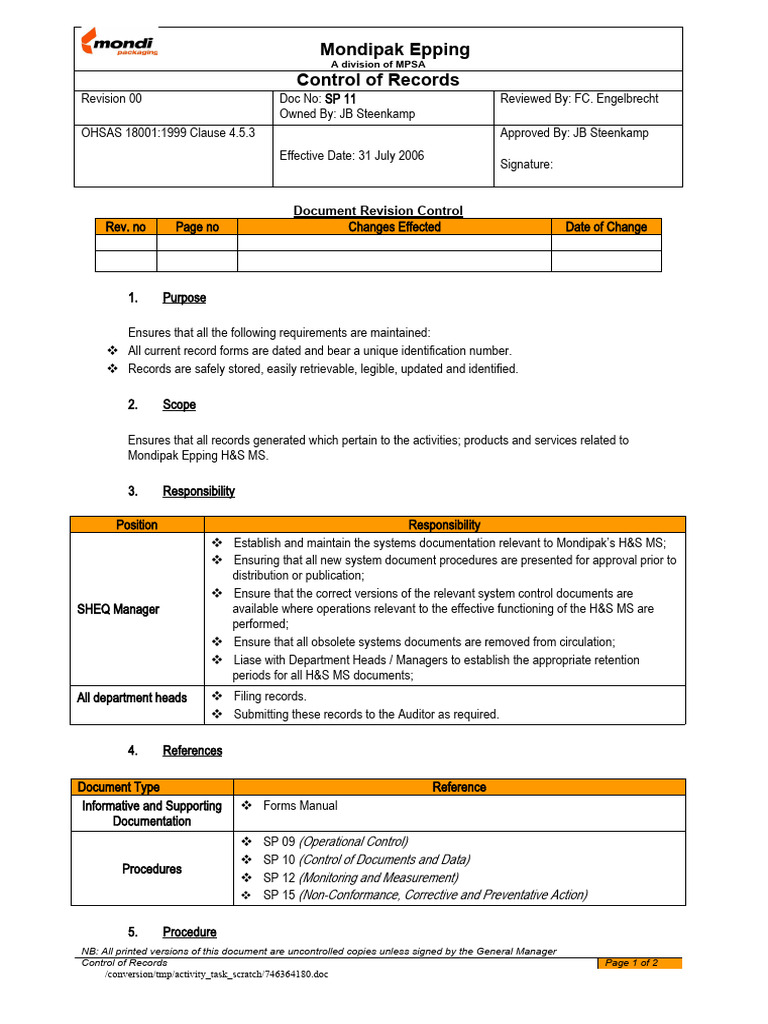 SP 11 - Control of Records 2 | PDF | Version Control | Computing
