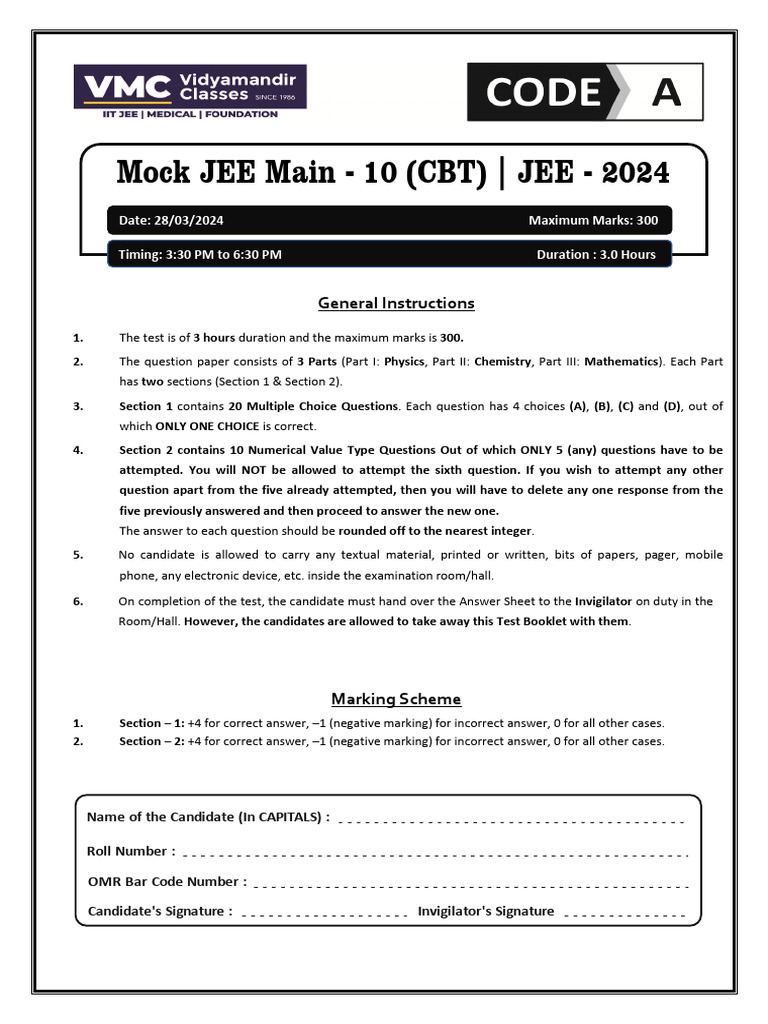 2024-Mock JEE Main-10 - Paper | PDF | Electronvolt | Gases