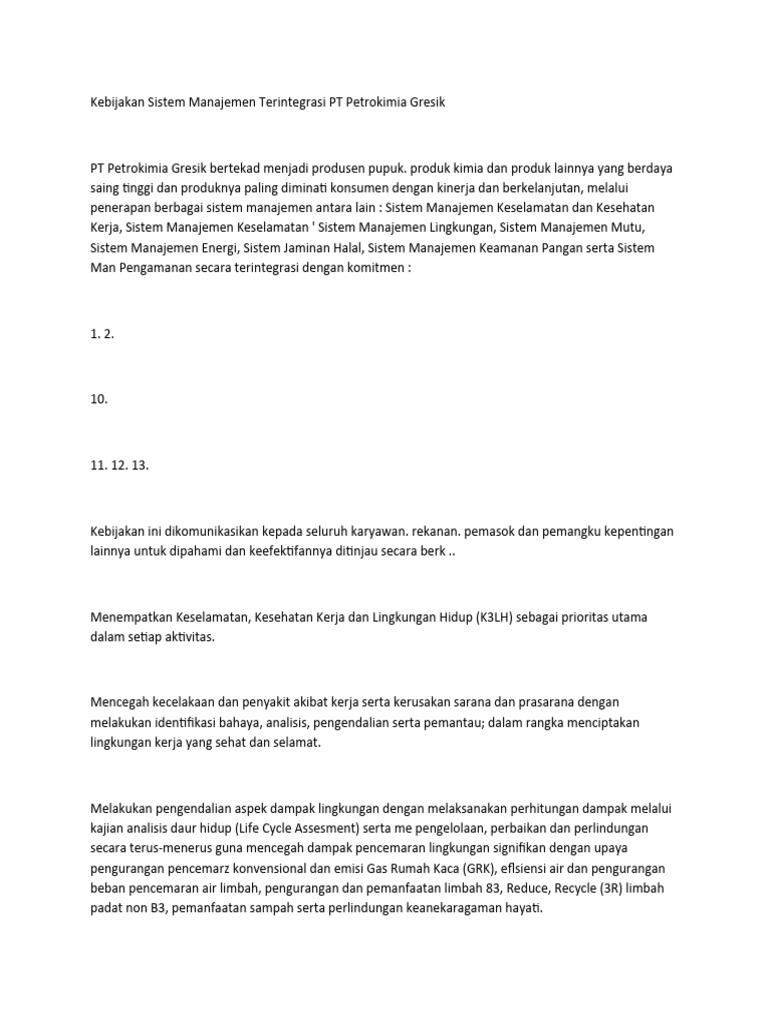 Kebijakan Manajemen Terintegrasi Petrokimia | PDF