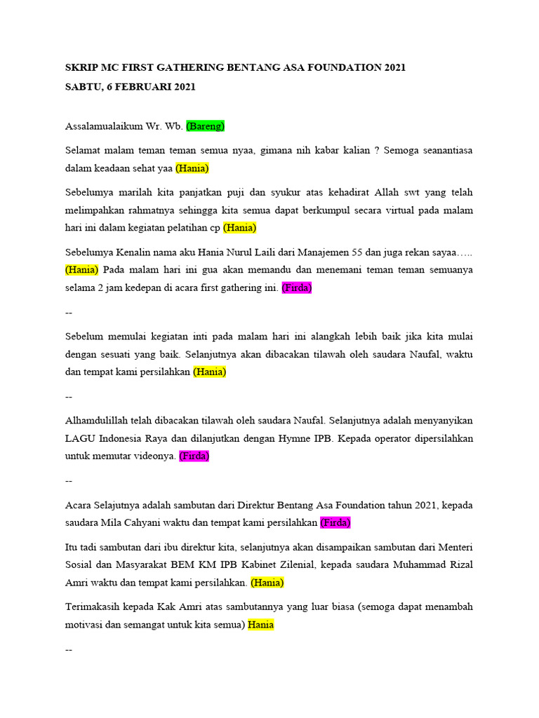 Skrip MC First Gathering Bentang Asa Foundation 2021 | PDF | Game ...