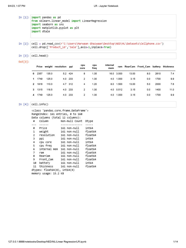 Linear Regression (Cellphone - Prices) | PDF | Coefficient Of Determination | Mean Squared Error