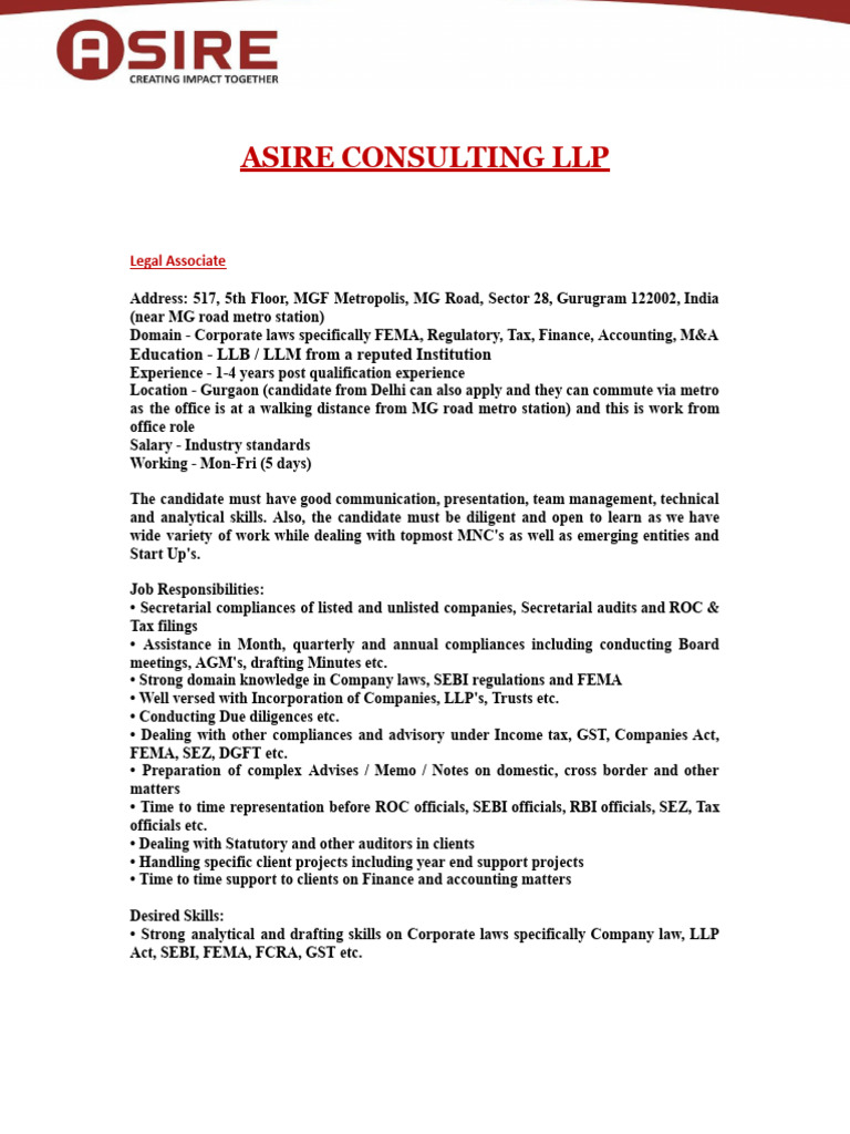 Legal Associate Position at Asire Consulting | PDF | Audit | Business