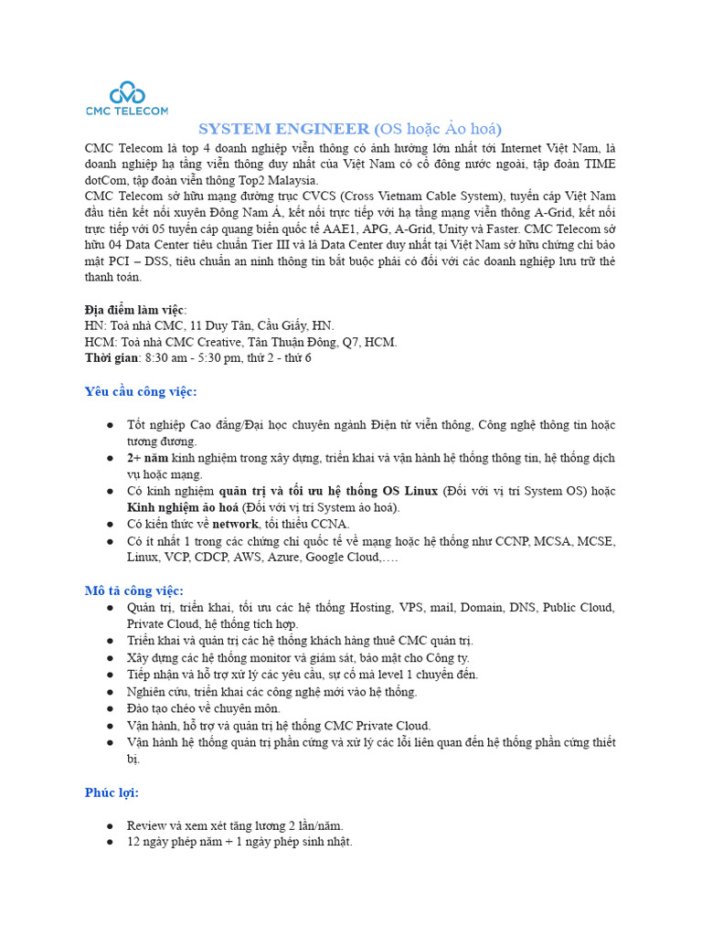 CTEL Junior Mid JD System Engineer OS Hoặc Ảo Hoá 1 | PDF