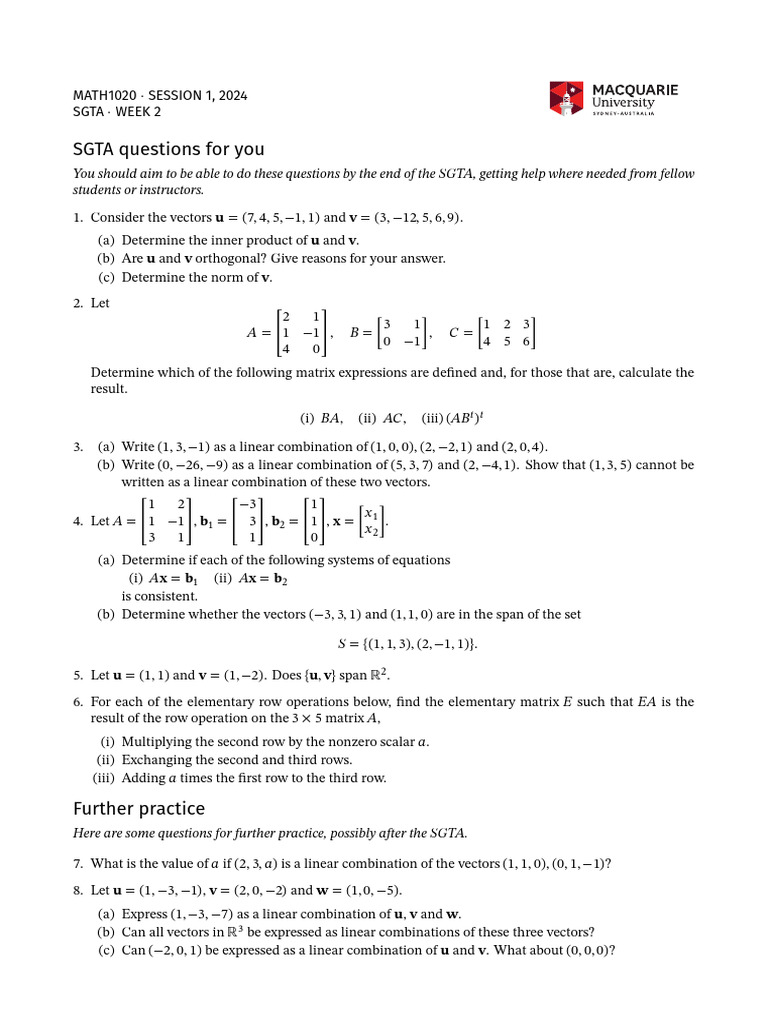 Math1020 Sgta Week2 Qns | PDF | Matrix (Mathematics) | Vector Space