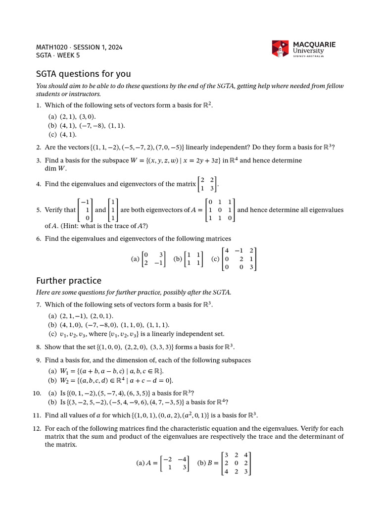 Math1020 Sgta Week5 Qns | Download Free PDF | Eigenvalues And Eigenvectors | Matrix (Mathematics)