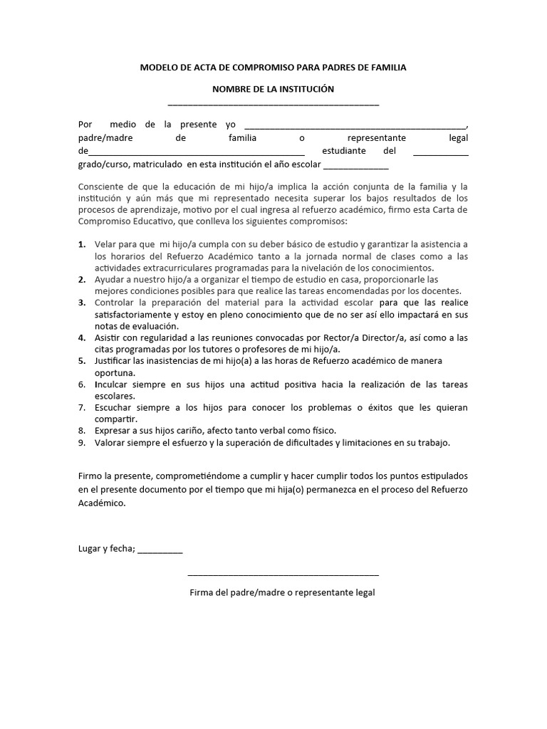 Modelo de Actas de Compromiso para Padres de Familia | PDF