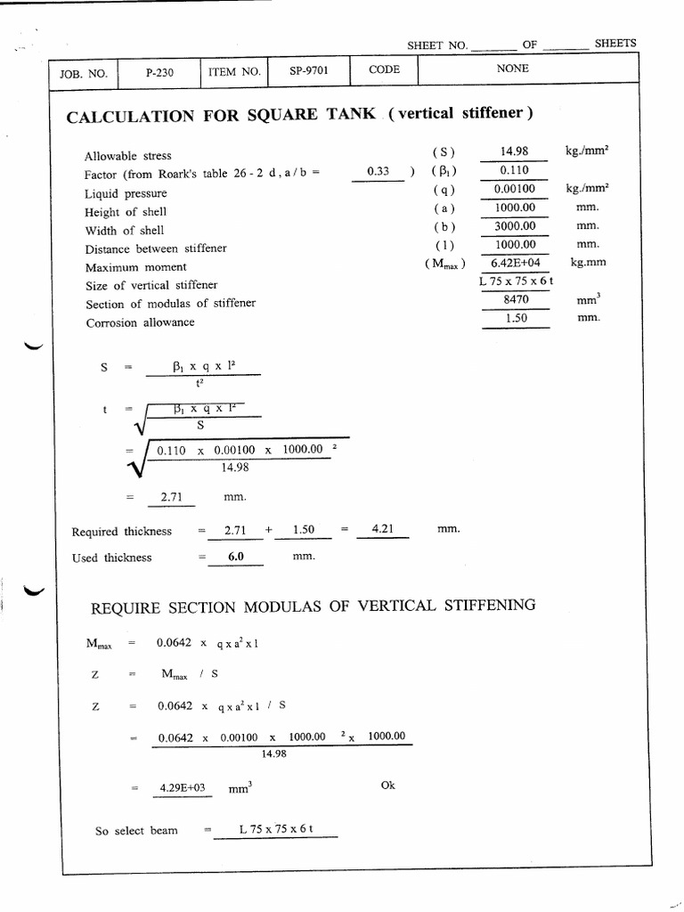 Square Tank Calculation Procedure | PDF