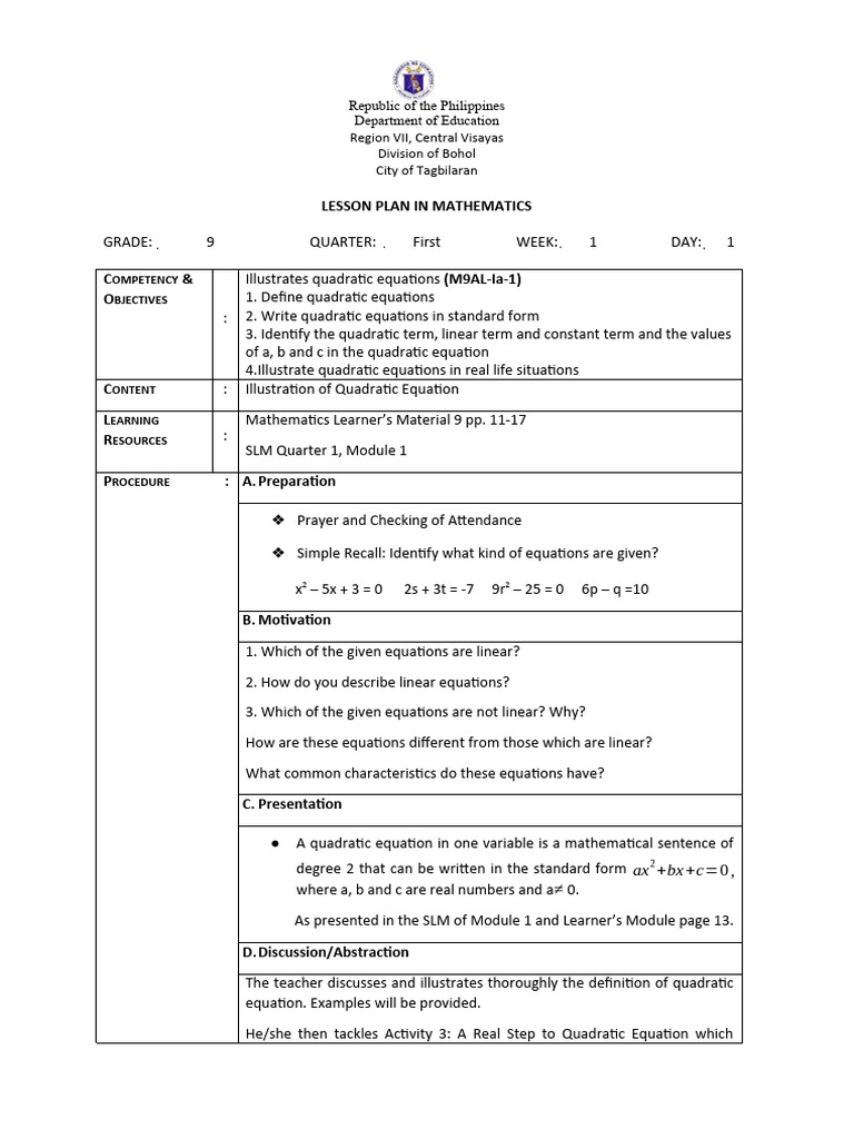 Wk1-Day 1-4 Prototype-Lesson-Plan-in-Math 9 | PDF | Equations | Square Root