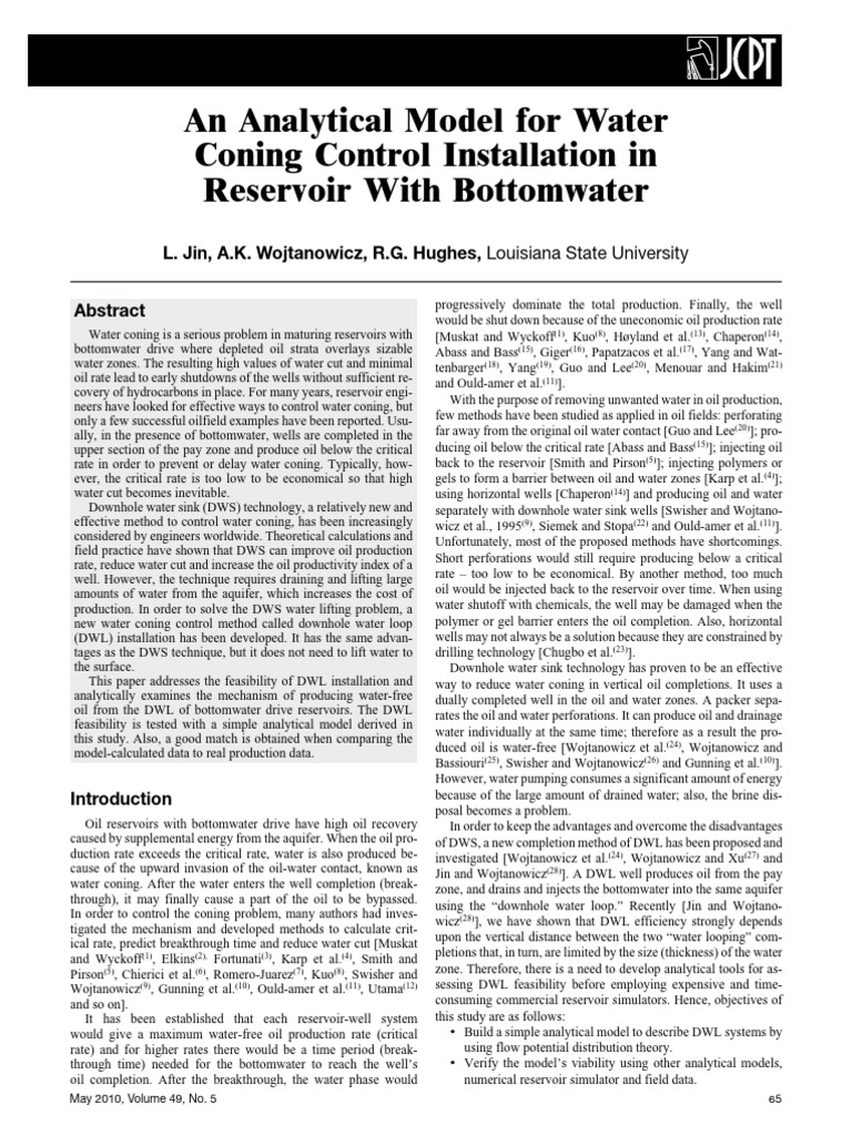 An Analytical Model For Water Coning Control Installation in Reservoir ...