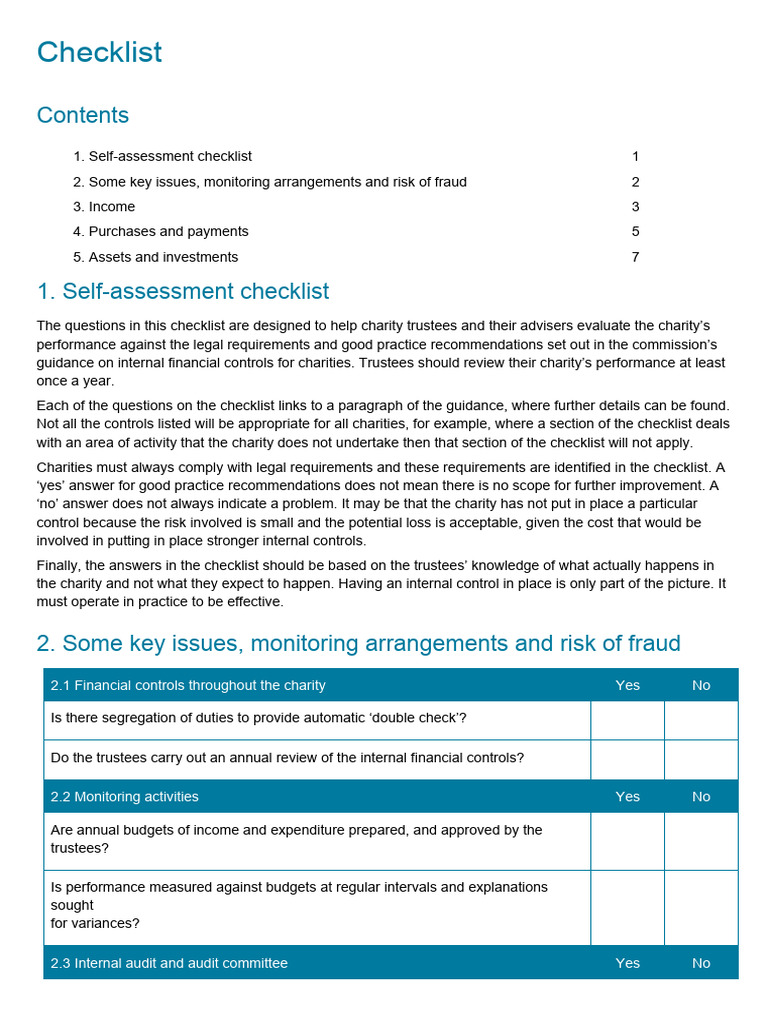 Charity Internal Financial Controls Checklist | PDF | Internal Control ...