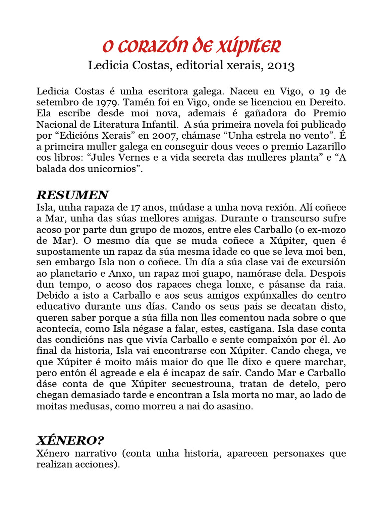 Trabajo de Lectura, o Corazon de Xupiter. Docsicity | PDF