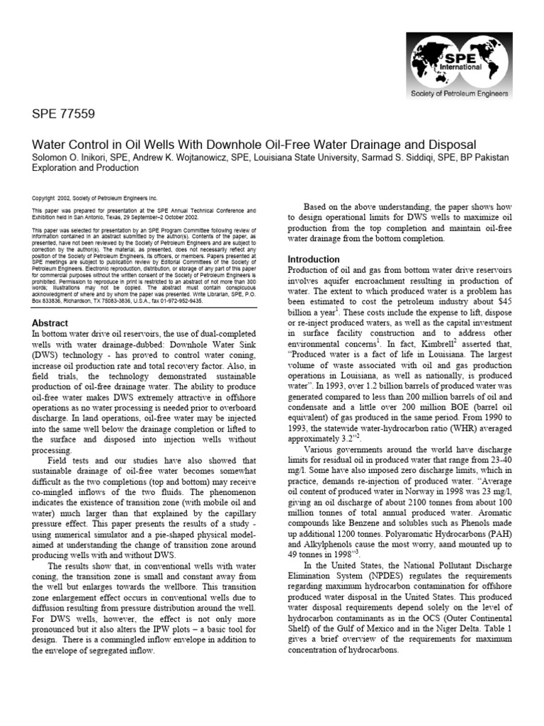 Water Control in Oil Wells With Downhole Oil-Free Water Drainage and ...