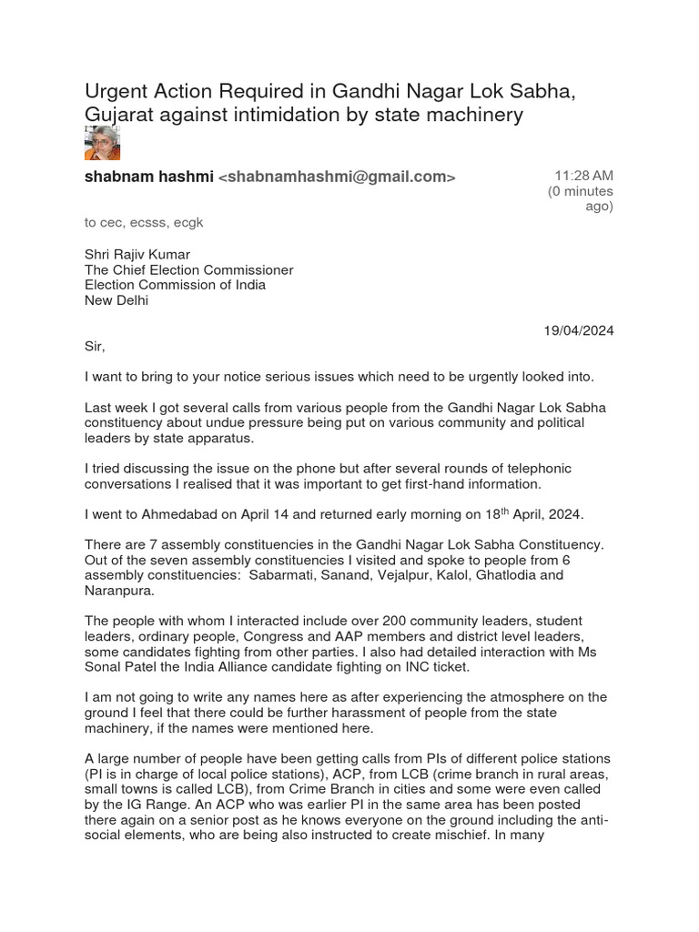 Letter To Election Commission by Shabnam Hashmi 19 April 24 | PDF ...