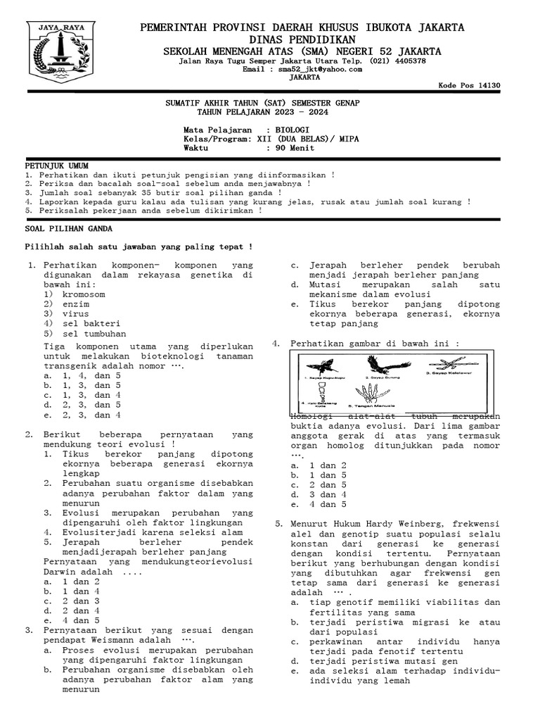 Bu Muji - Soal Sat Biologi Kelas Xii Mipa Semester Genap Tp. 2023-2024 | PDF