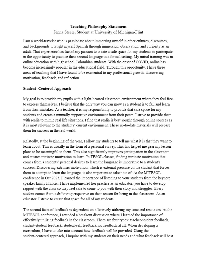 Student-Centered Teaching Philosophy | PDF | Motivation | Motivational