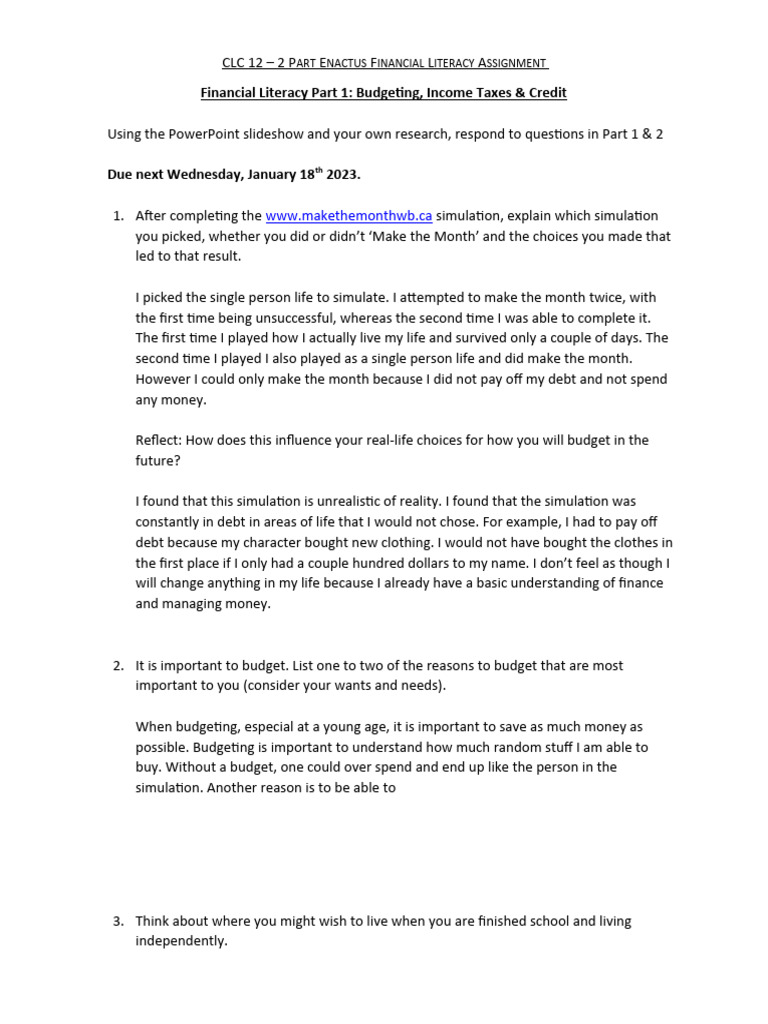 CLC 12 Financial Literacy Assignment | PDF | Cost Of Living | Credit Card