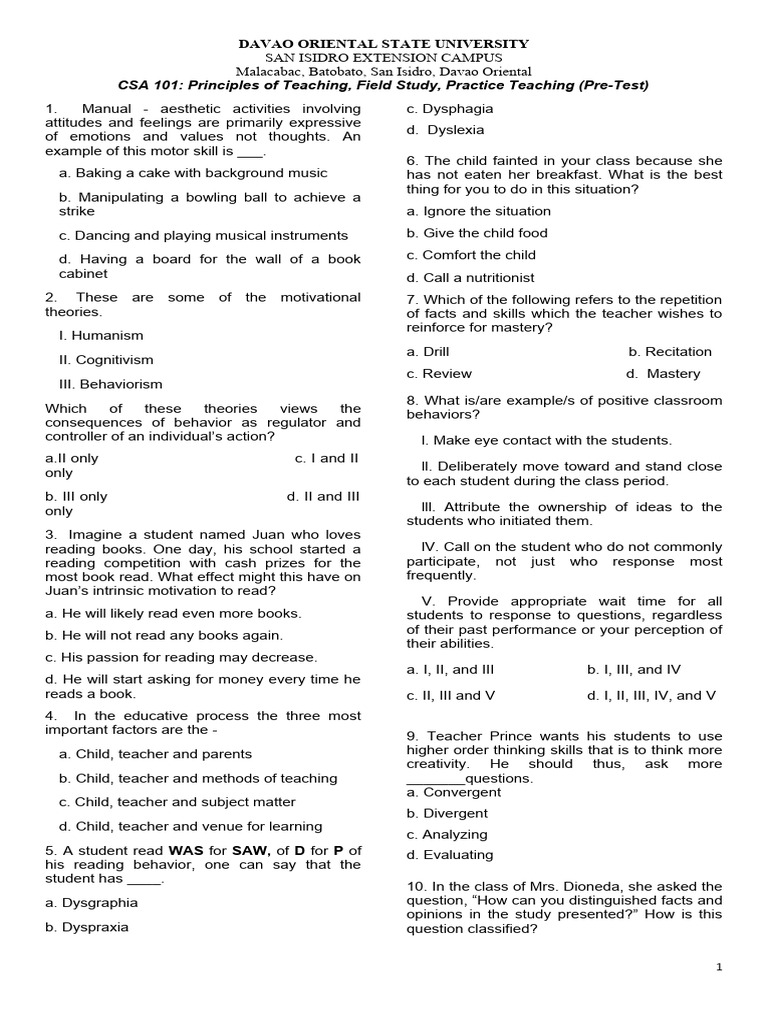 Csa 101 Pre Test Final | PDF | Learning | Motivational