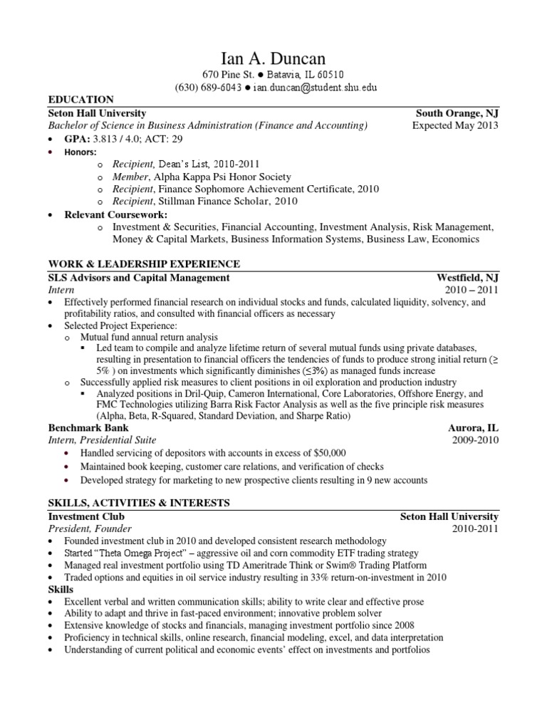 University Student Investment Banking Resume Template | PDF | Investing | Risk