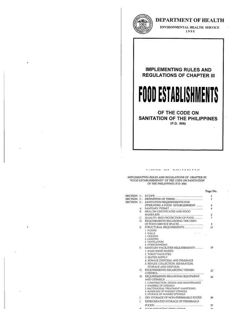 PD856 IRR Ch03 Food Establishments | PDF | Sanitation