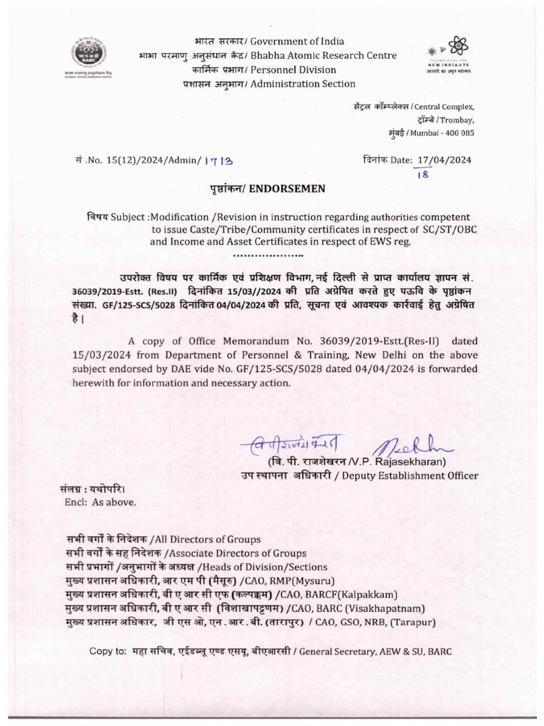 Modification-Revision in Instruction Regarding Authorities Competent To Issue Caste-Tribe ...