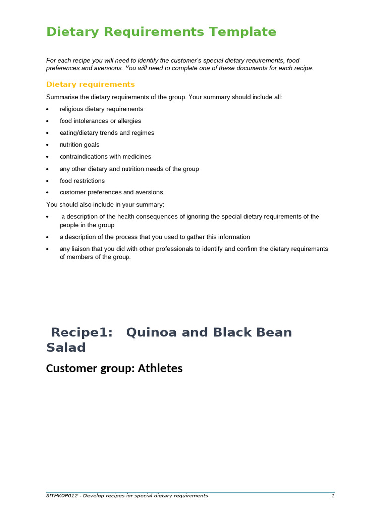 Dietary Requirements Template for Recipes | PDF | Cooking | Nutrition