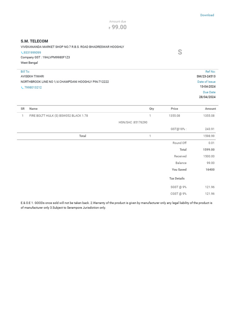 Invoice for Fire Boltt Hulk Purchase | PDF | Economies | Public Finance
