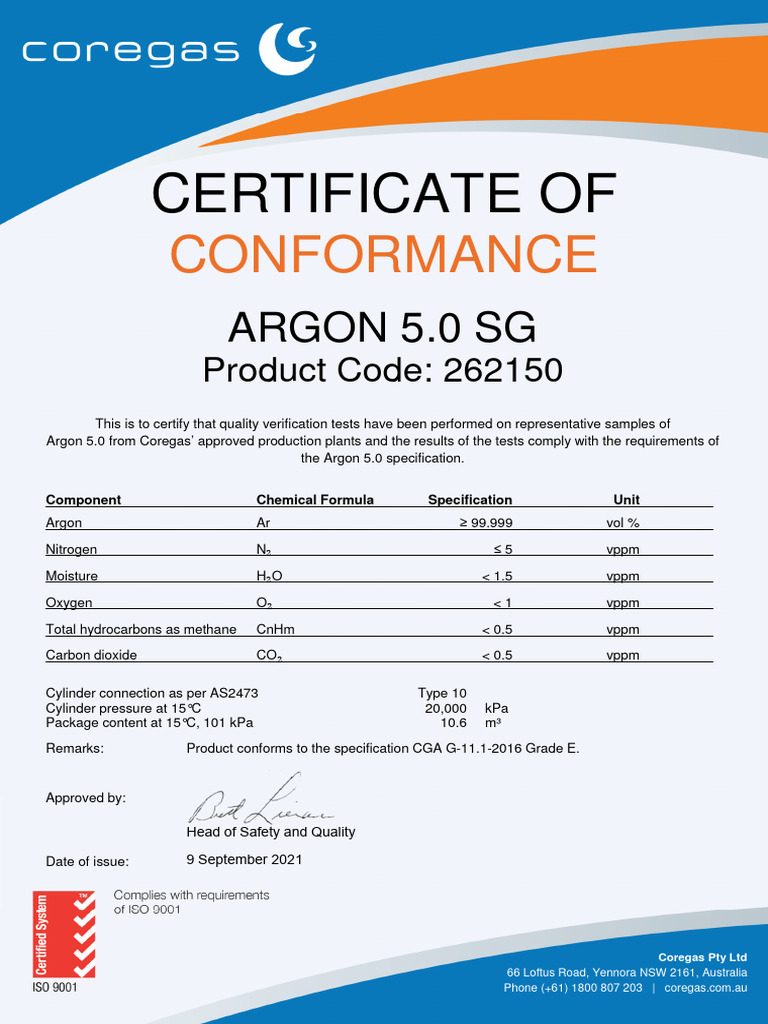 Argon 5.0 Purity Certificate | PDF