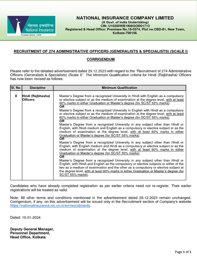 Corrigendum - Minimum Qualification Criteria For Hindi (Rajbhasha ...