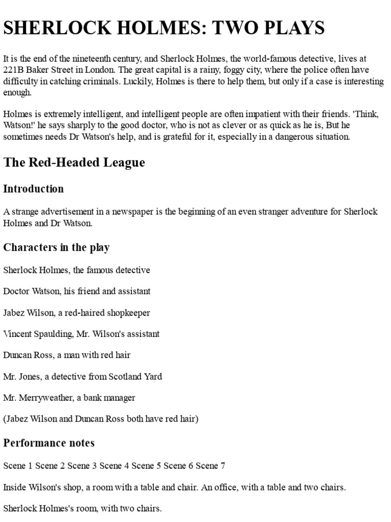 Sherlock Holmes. Two Plays | PDF | The Red Headed League | Arthur Conan ...