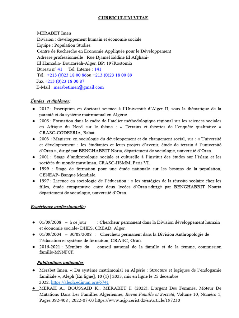 Imen Merabet CV | PDF | le Maghreb | Algérie