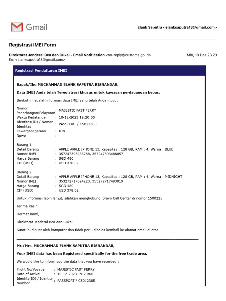 Registrasi IMEI Form | PDF