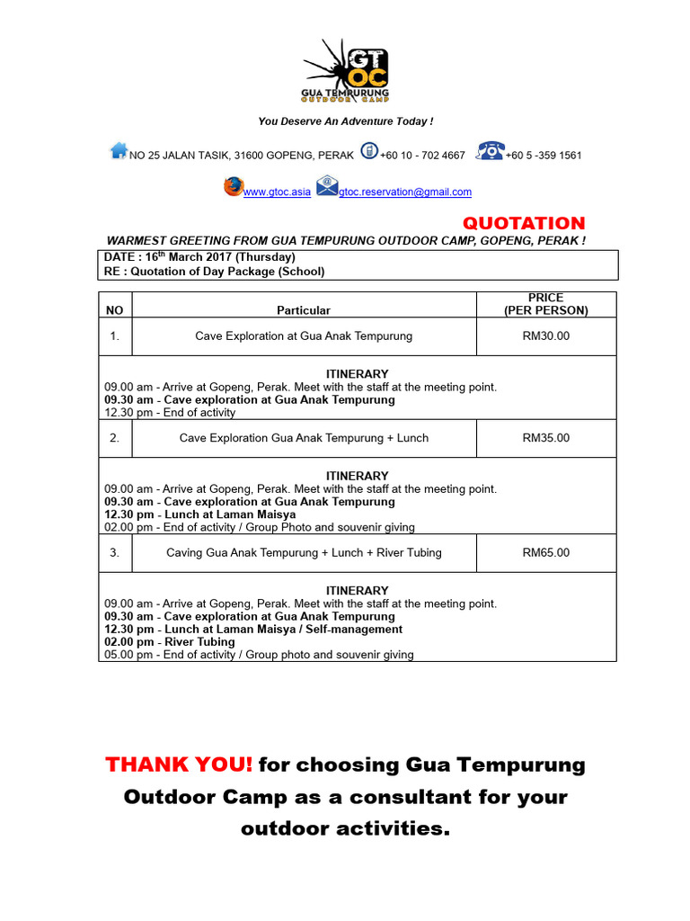 QUOTATION of Day Package | PDF