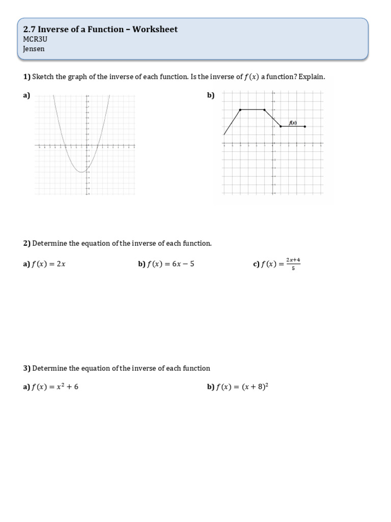 Inverse of A Function Worksheet | PDF | Function (Mathematics ...